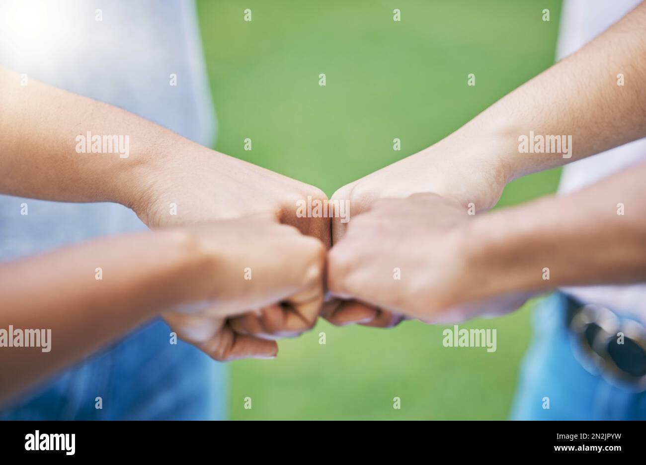 People, hands and fist bump for community, trust or collaboration in ...