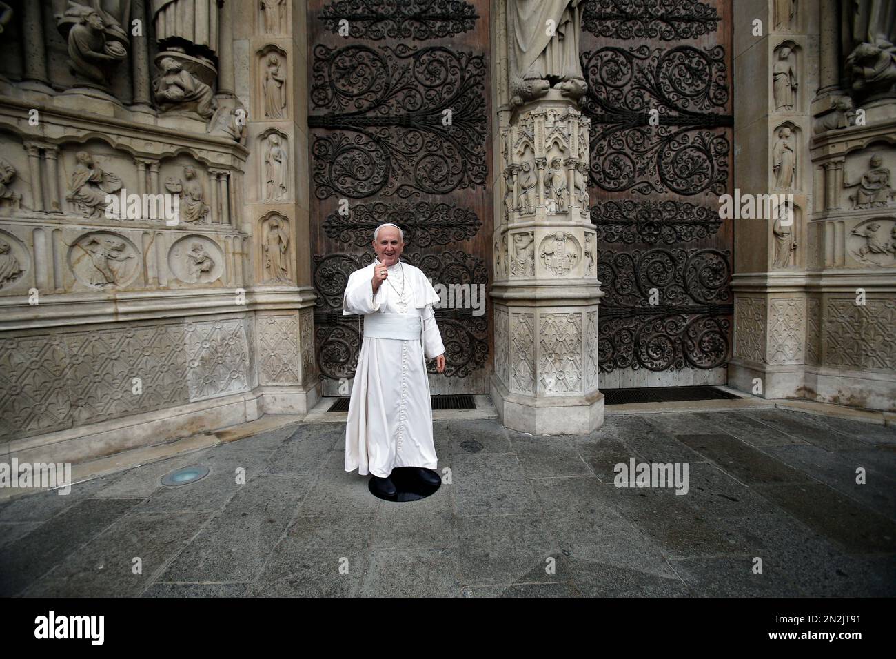The life-size wax model of Pope Francis is presented by the Grevin ...