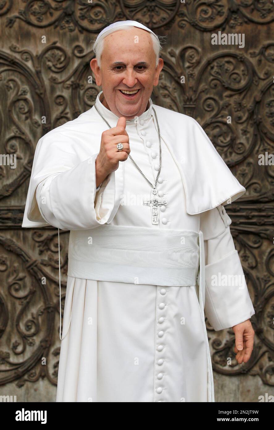 The life-size wax model of Pope Francis is presented by the Grevin ...