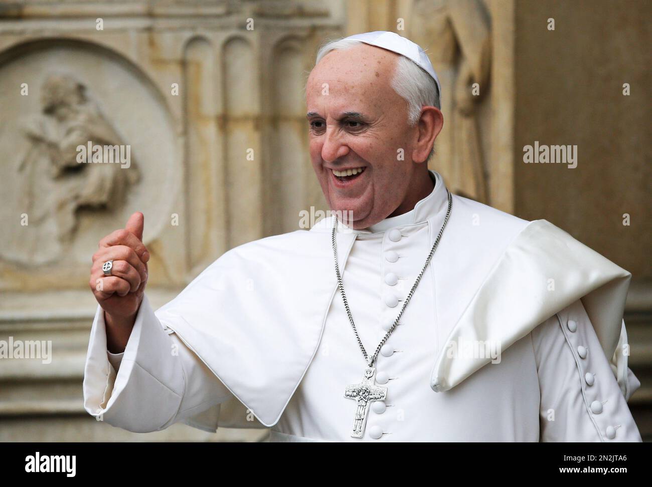 The life-size wax model of Pope Francis is presented by the Grevin ...