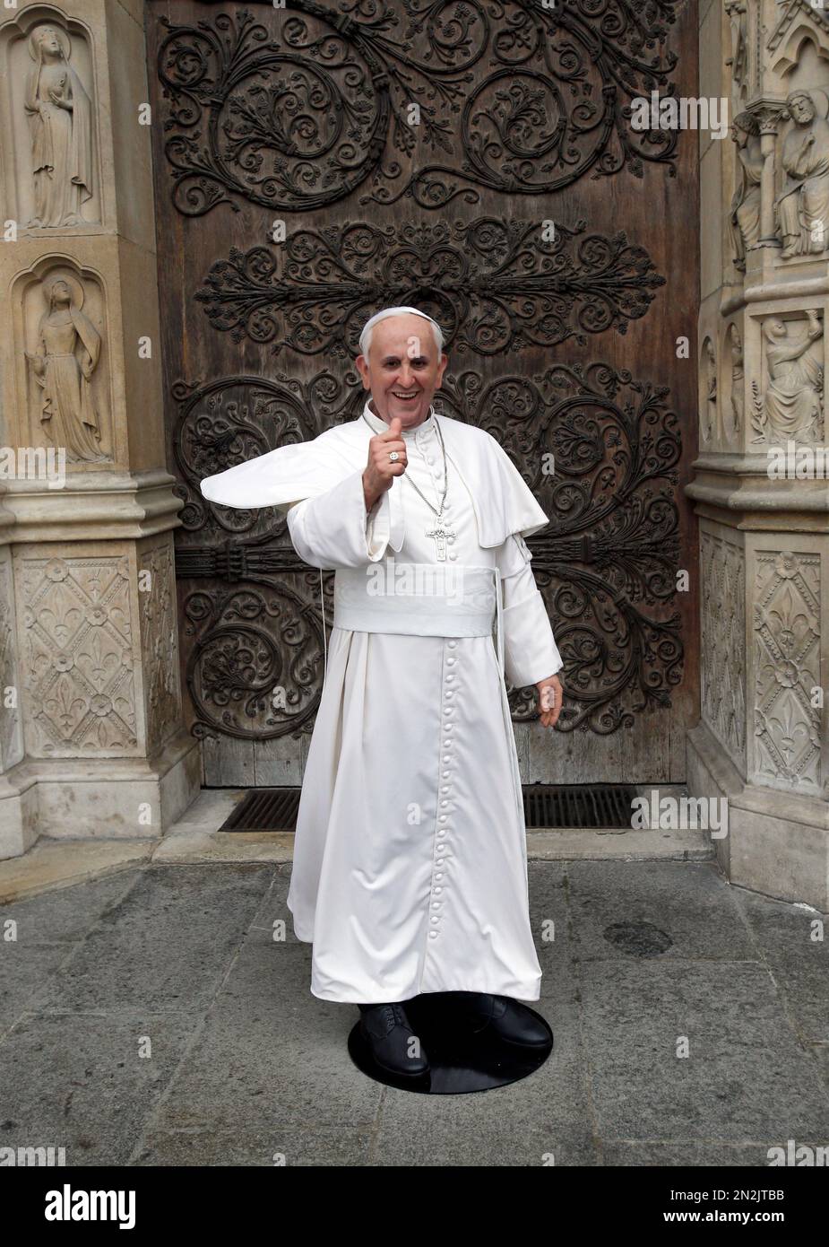 The life-size wax model of Pope Francis is presented by the Grevin ...