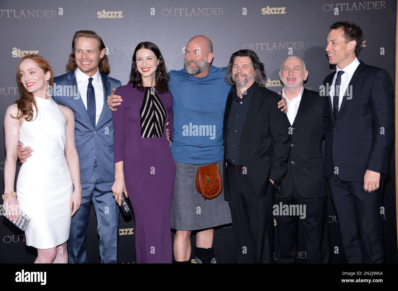 Actors Lotte Verbeek, left, Sam Heughan, Caitriona Balfe, Graham ...