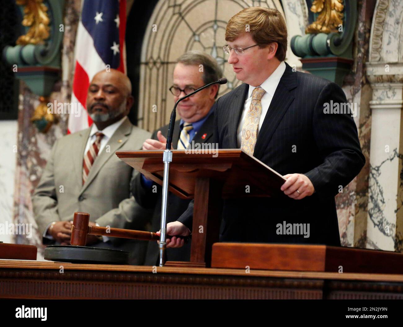 Mississippi Lt. Gov. Tate Reeves, right, drops the gavel ending its ...