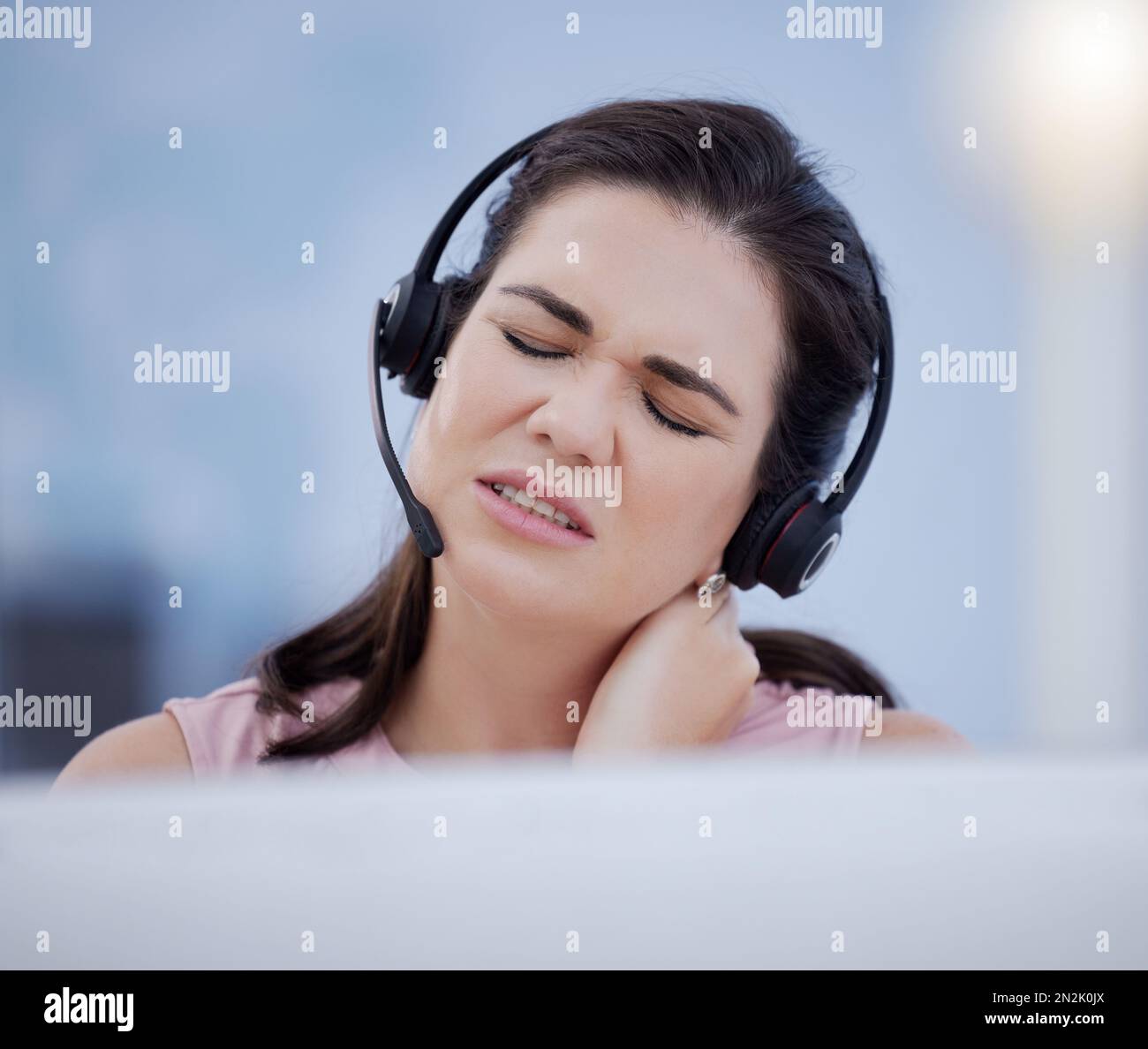 Stress, neck pain or consultant in call center with burnout, fatigue or ...