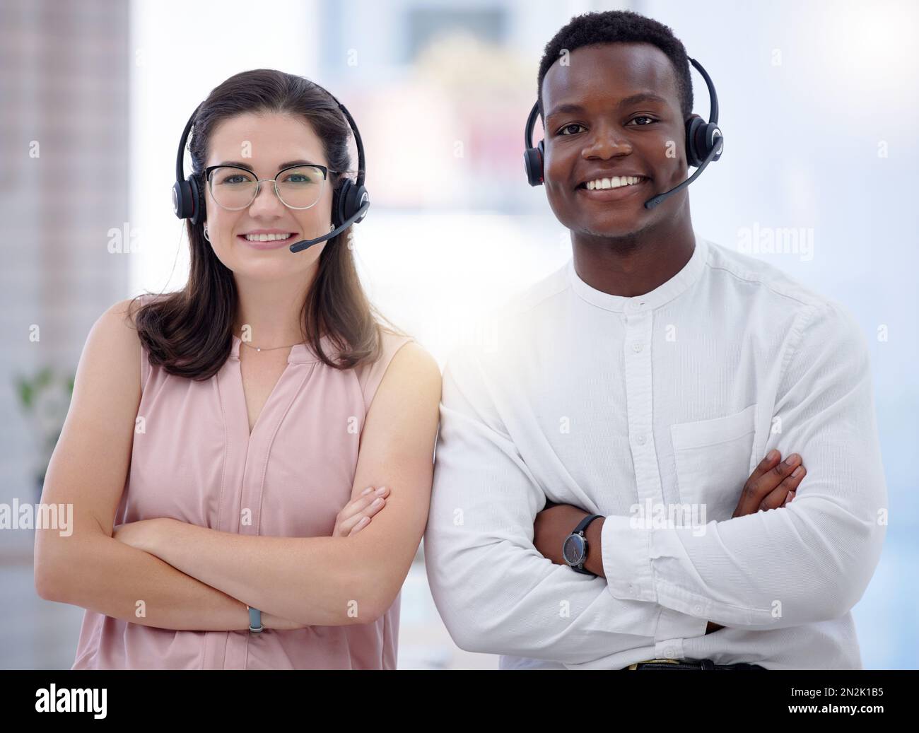 Portrait, call center and diversity people consultant, telemarketing ...