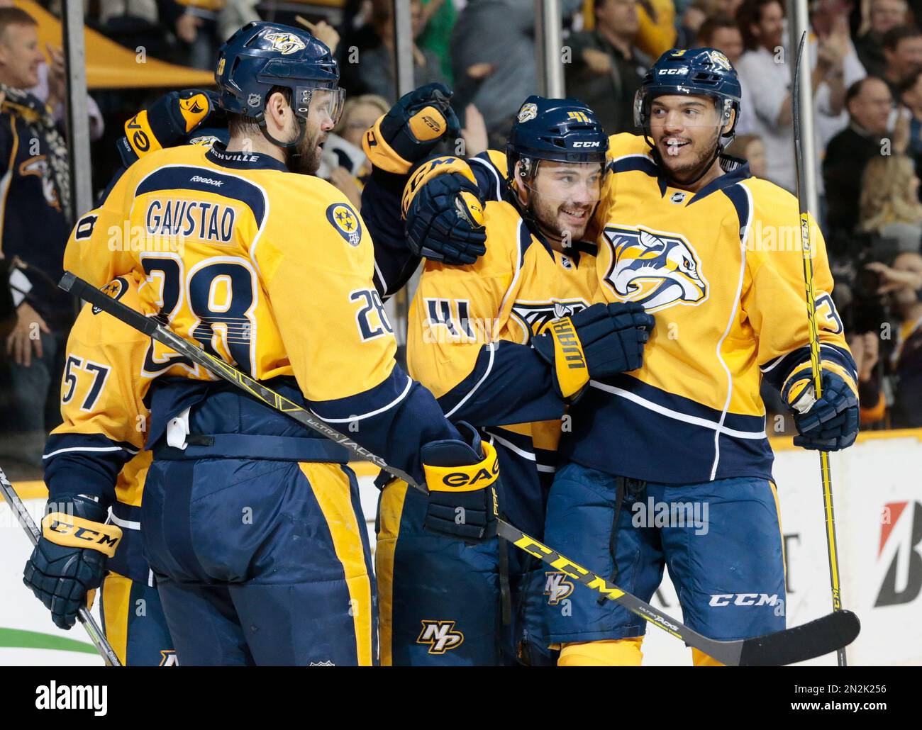 Nashville Predators left wing Taylor Beck (41) is congratulated by Seth ...