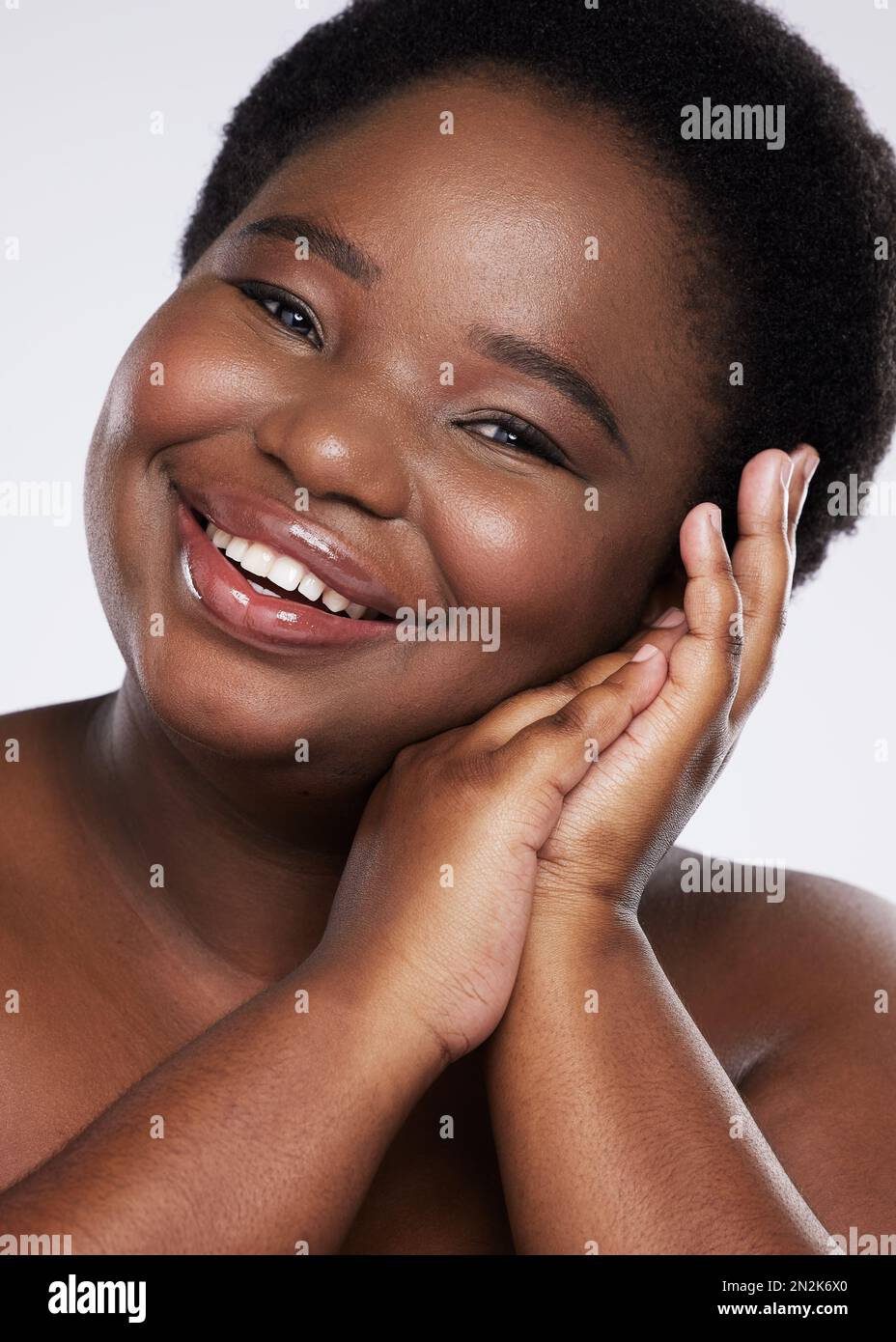 Black woman, hands and smile for gentle skincare beauty, cosmetics or ...