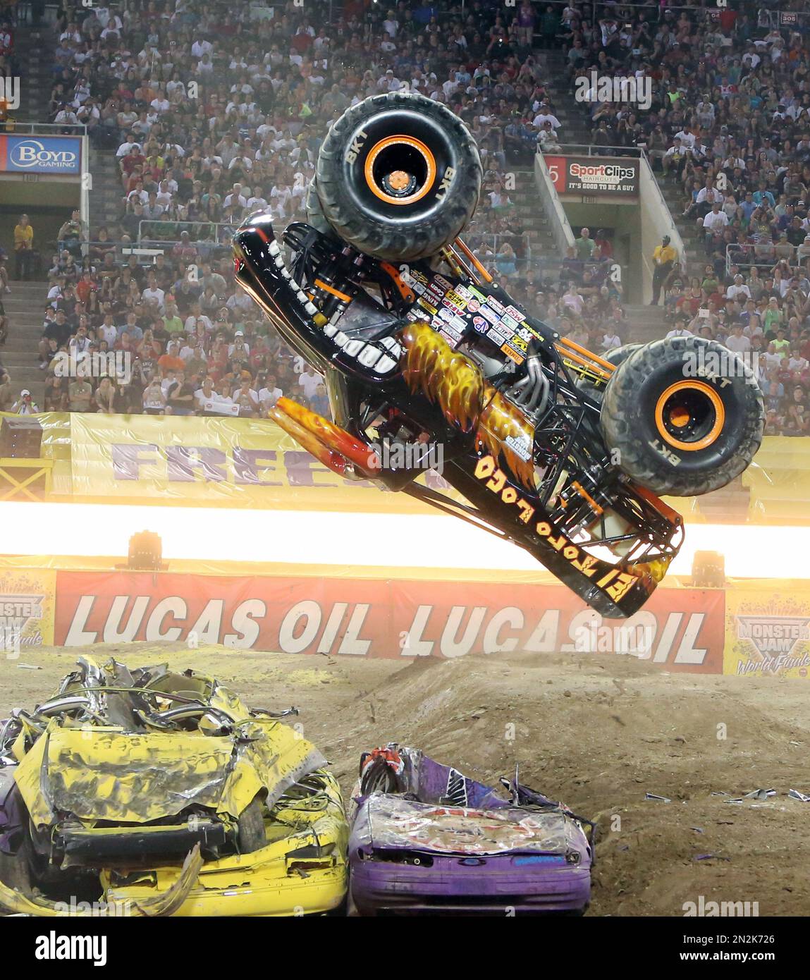 Monster truck, El Toro Loco, driven by Marc McDonald, makes a back flip ...