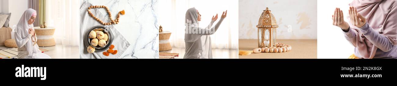 Collage of praying Muslim woman with Arabic lamp, cookies and tasbih ...