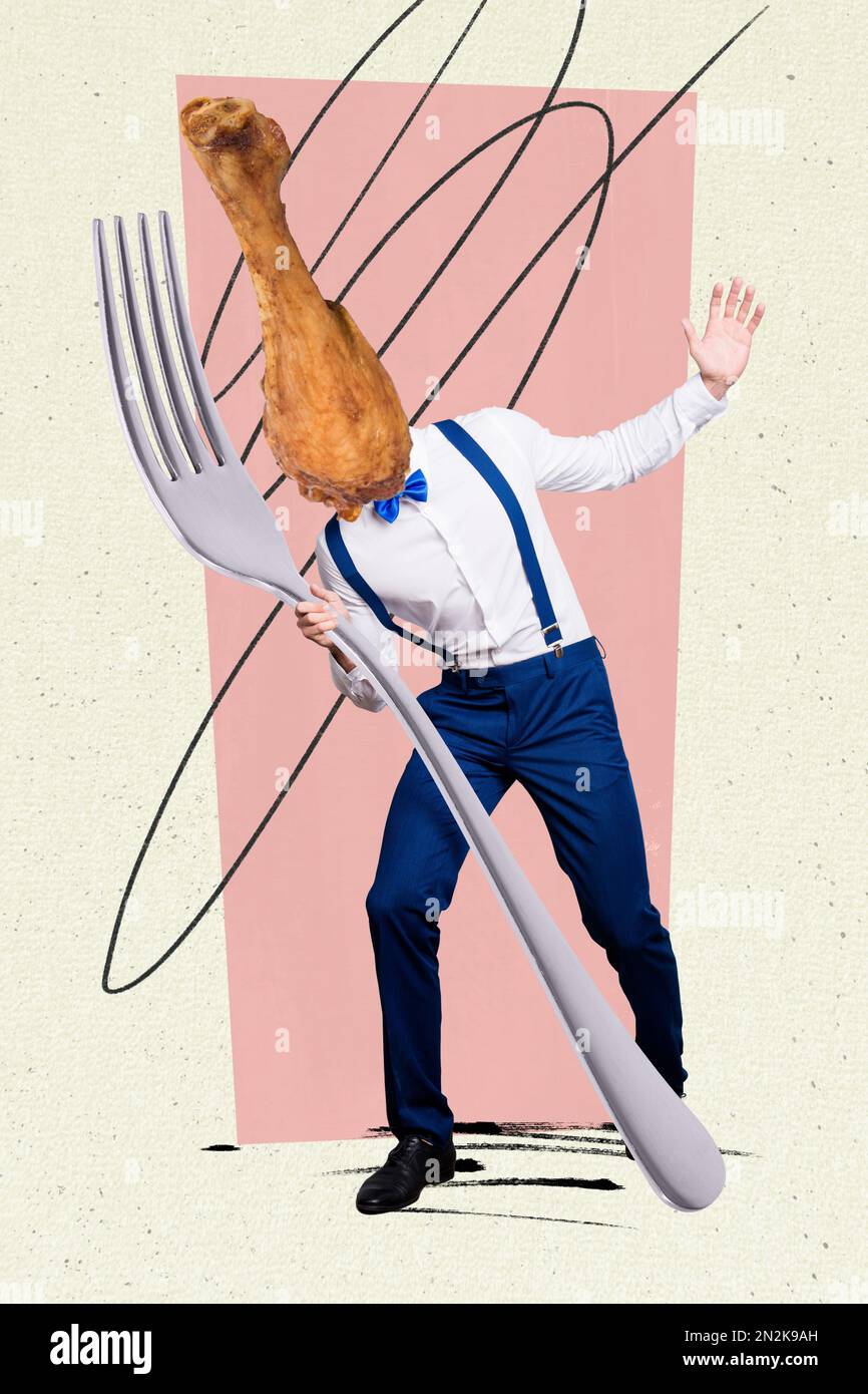 Vertical collage image of mini guy fried chicken leg instead head arm ...