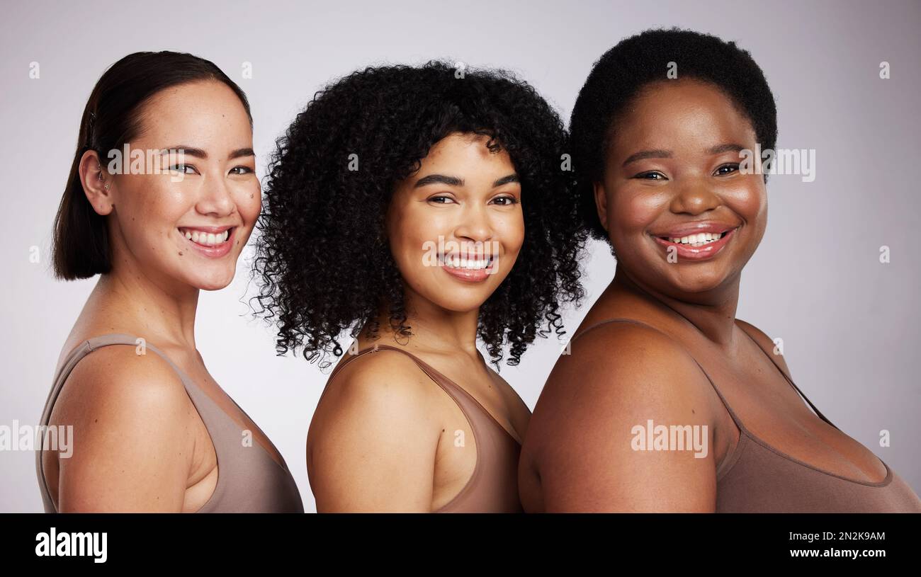 Women, diversity studio portrait and smile for aesthetic, beauty or ...