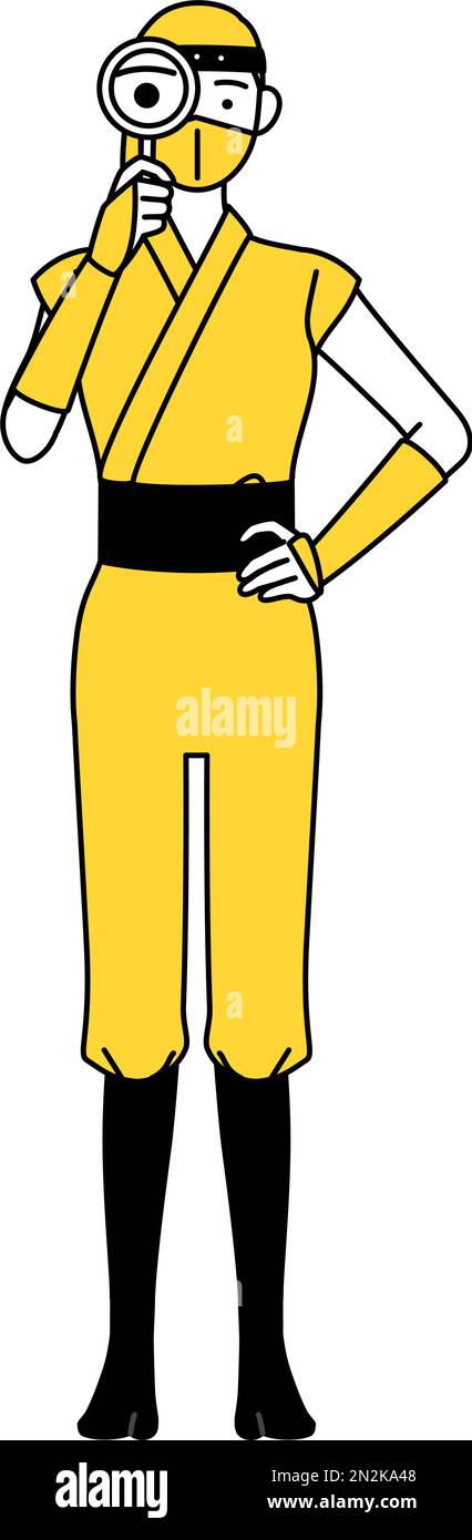 A woman dressed up as a ninja looking through magnifying glasses Stock ...