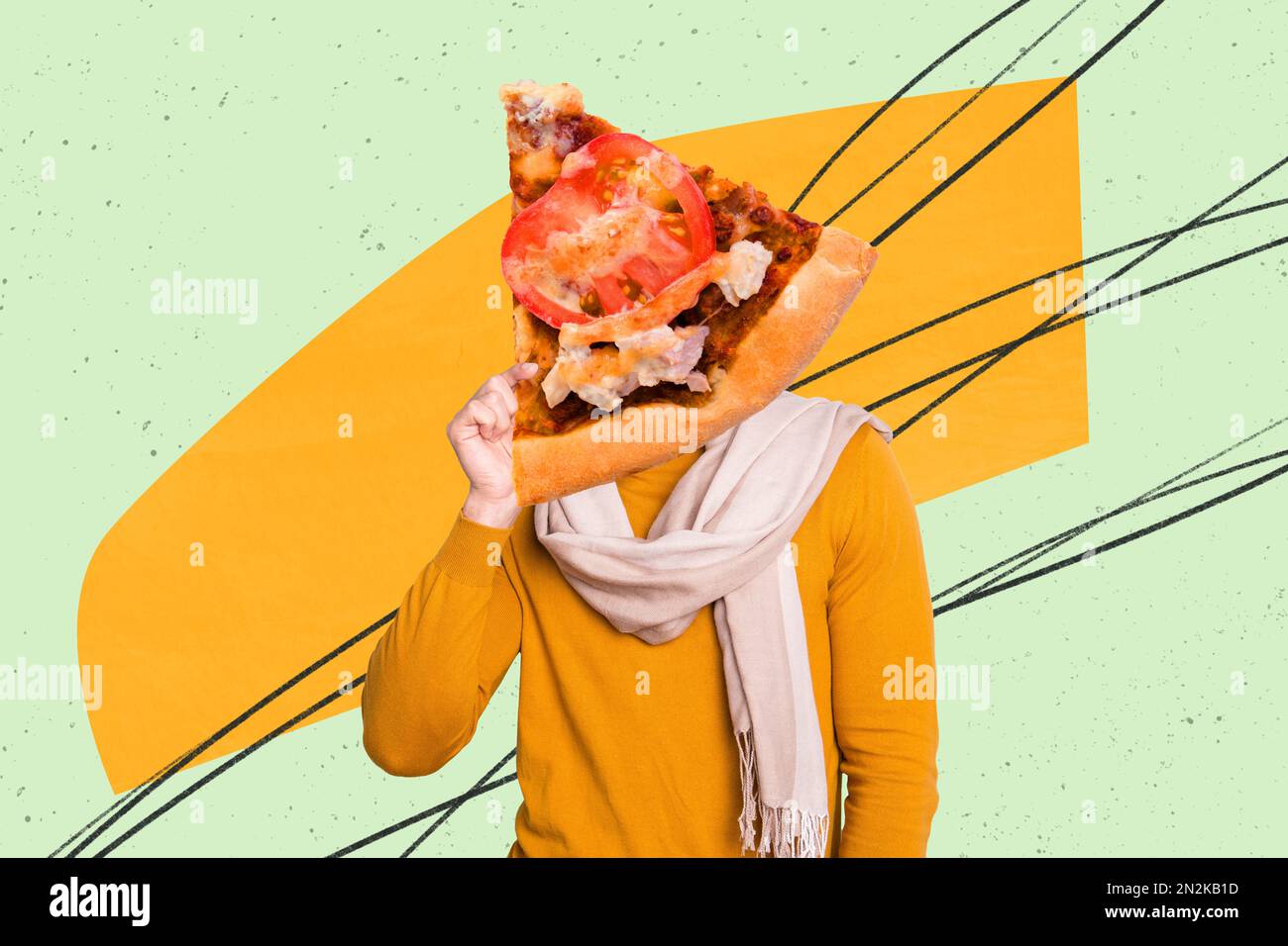 Creative collage image of man arm hold big piece pizza instead head ...