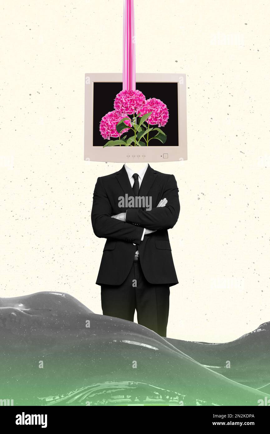 Vertical collage photo picture poster of weird man hand crossed tv set ...