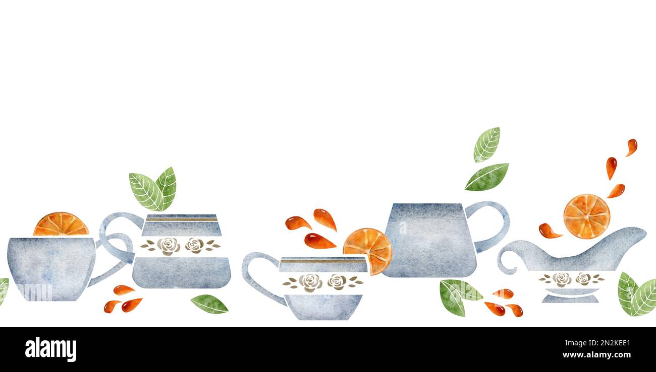 Watercolor hand drawn horizontal seamless banner with coffee cups ...