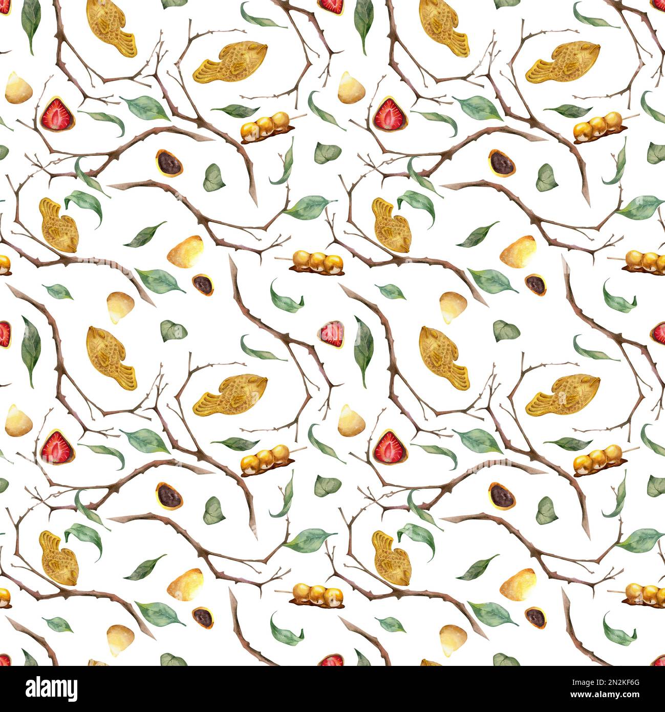 Watercolor seamless pattern with hand drawn traditional Japanese sweets ...