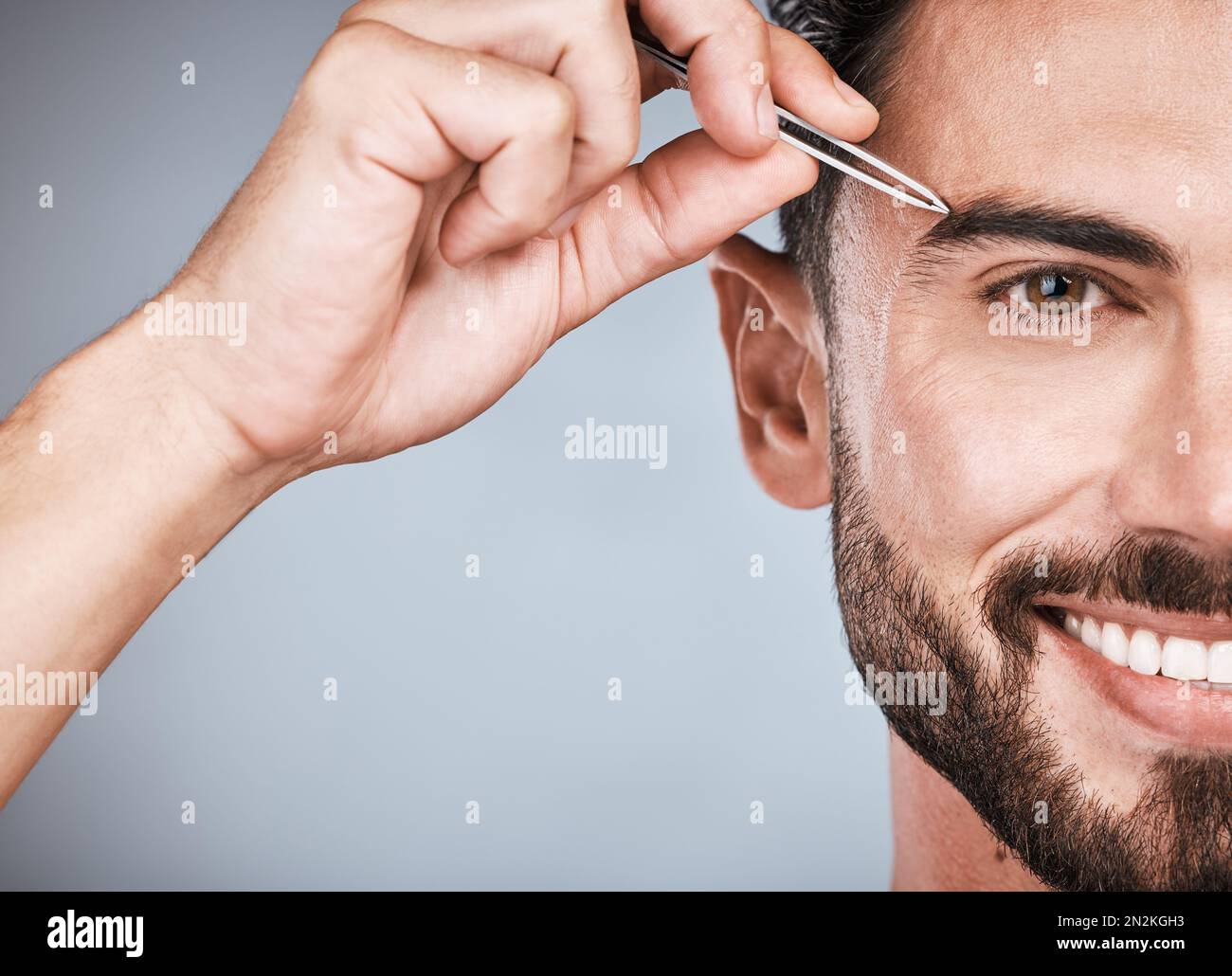 Cosmetics, man and eyebrows tweezers for skincare, beauty and grooming ...