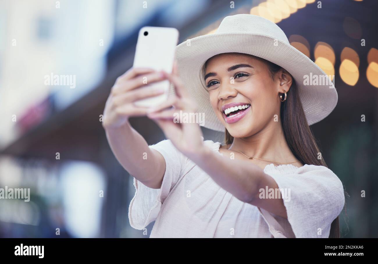 Woman, vlogger and social media with smile in the city for selfie ...