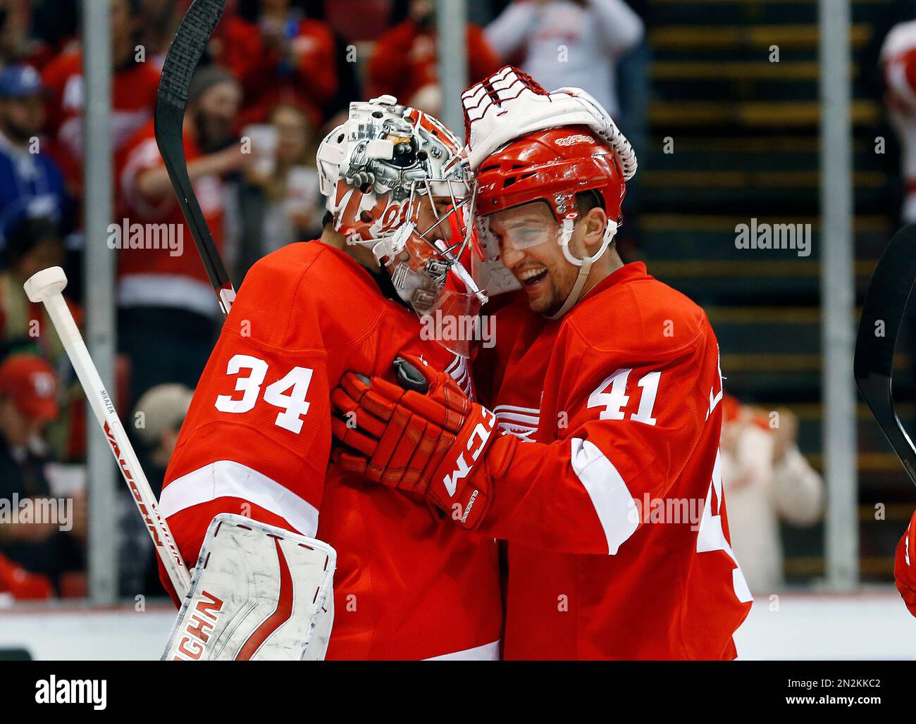 Detroit Red Wings goalie Petr Mrazek (34) celebrates with Luke ...