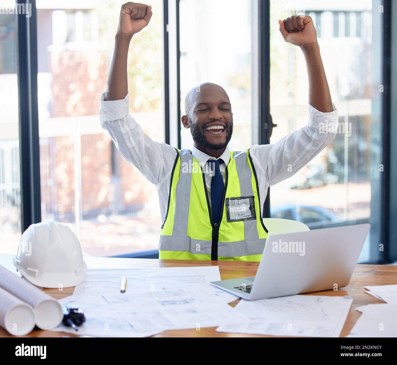 Man, construction worker or success fist for laptop vision, building ...