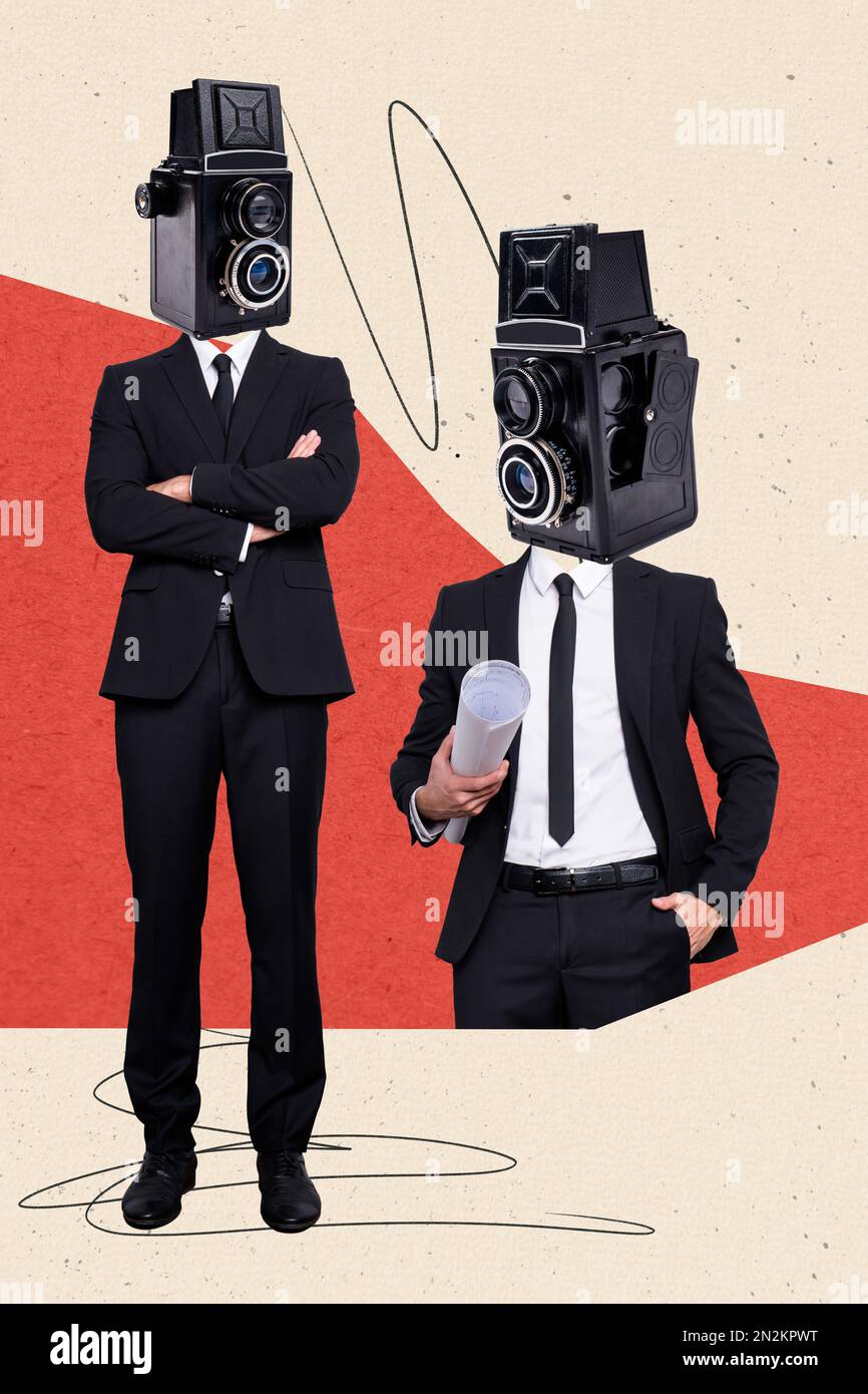 Collage photo picture poster banner of weird handsome man camera ...