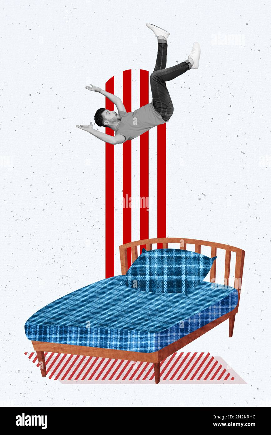 Artwork magazine collage picture of funny guy falling cozy soft bed ...