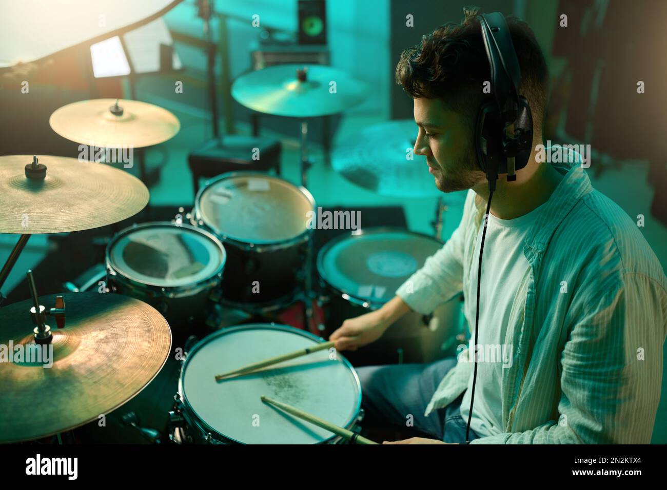 Music, drums and instrument with a man musician in a studio for a ...