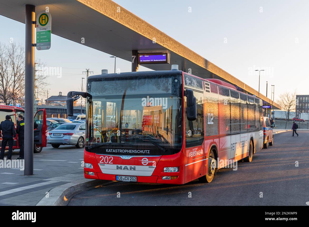 07 February 2023, Brandenburg, Cottbus: A rescue bus belonging to the city of Cottbus is parked ...