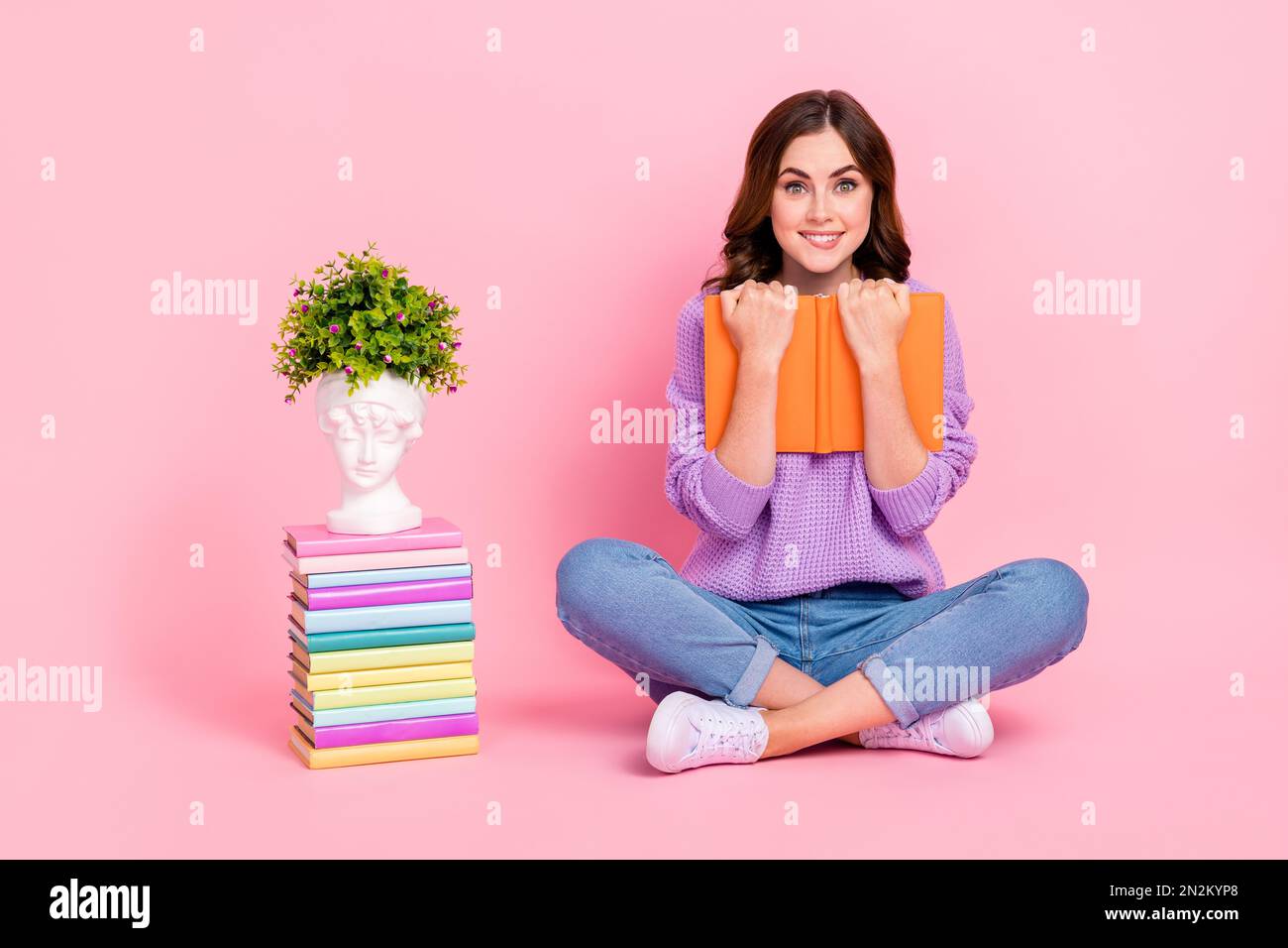 Full length photo of tricky cunning girl dressed purple pullover biting ...