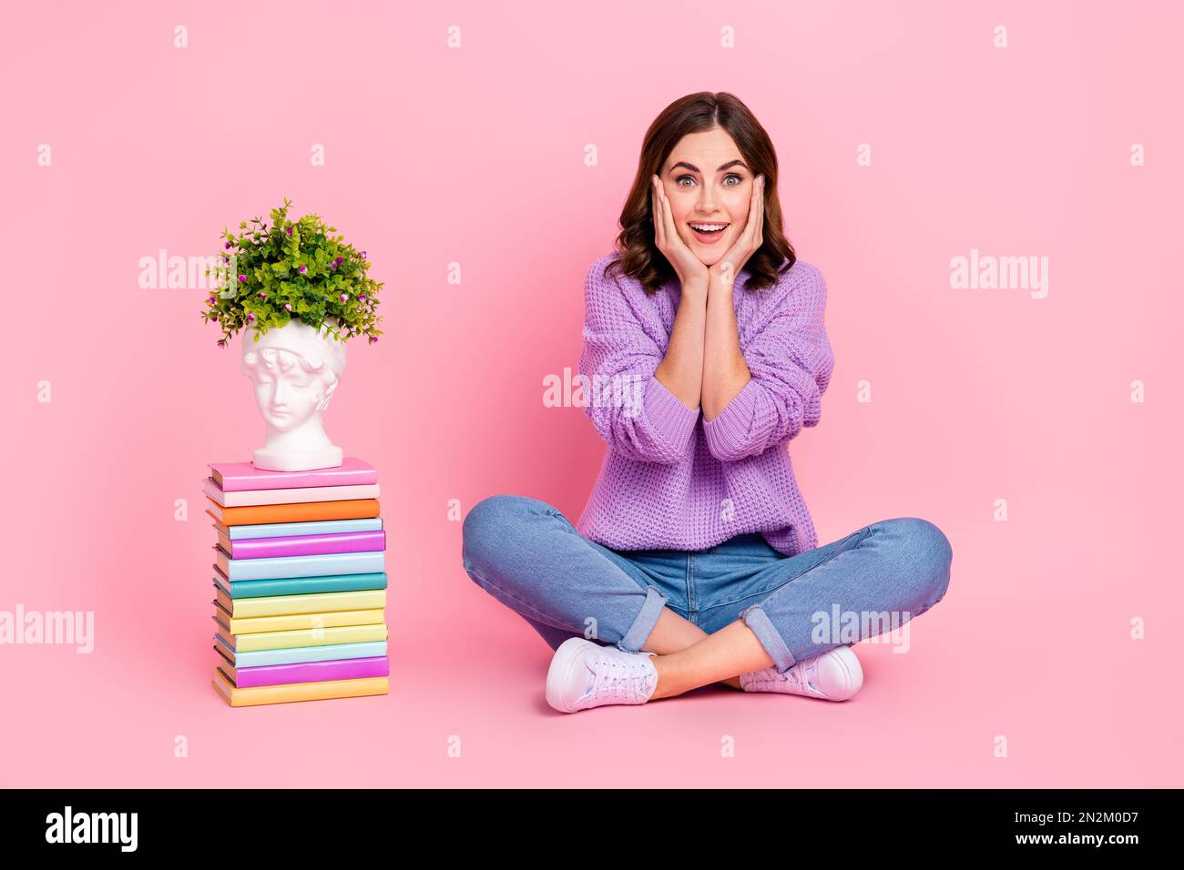 Full length photo of cute impressed girl dressed purple pullover arms ...
