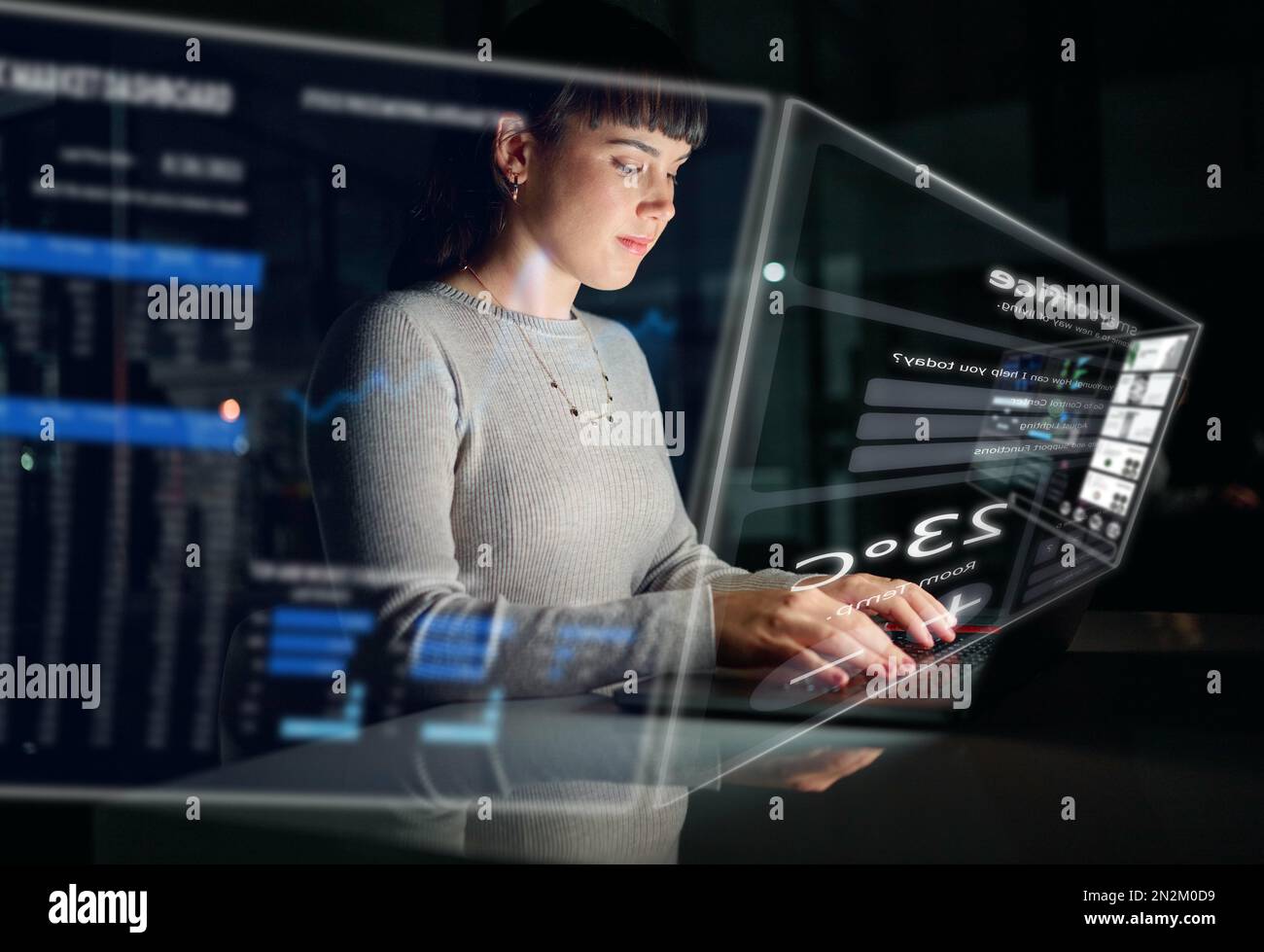 Database, information technology hologram or woman typing to research ...