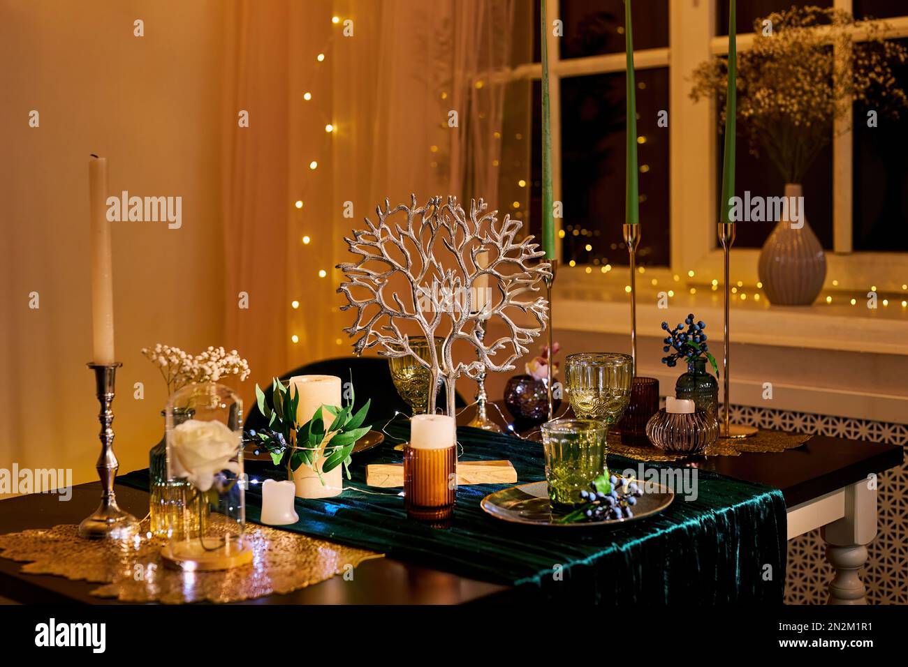 Romantic dinner table setting for couple with festive lights, Table for ...