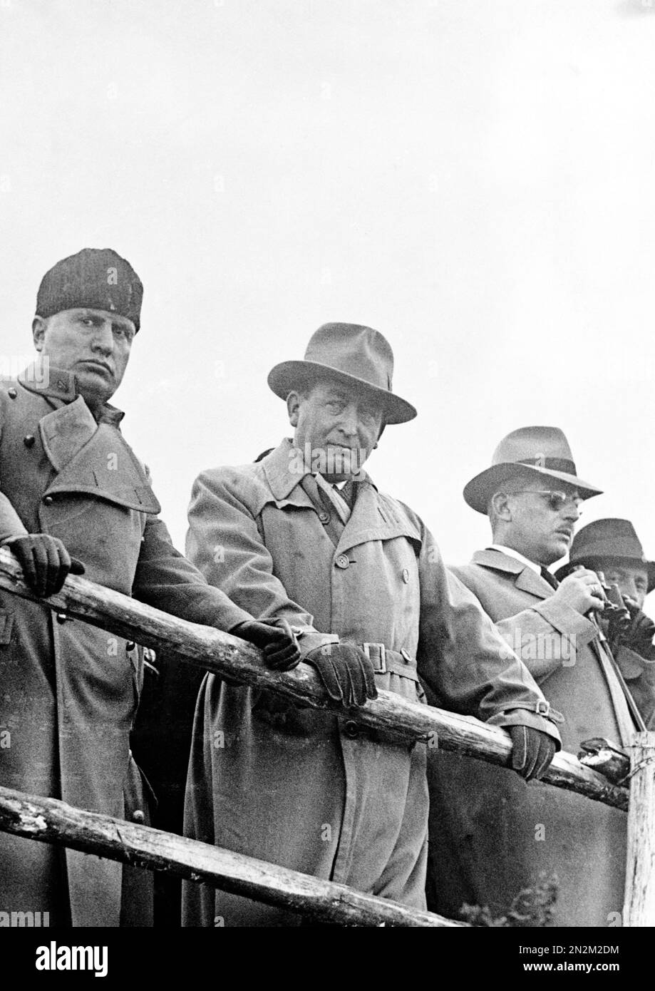 Left - right; Benito Mussolini, Gyula Goemboes and Dr Kurt Schuschnigg ...