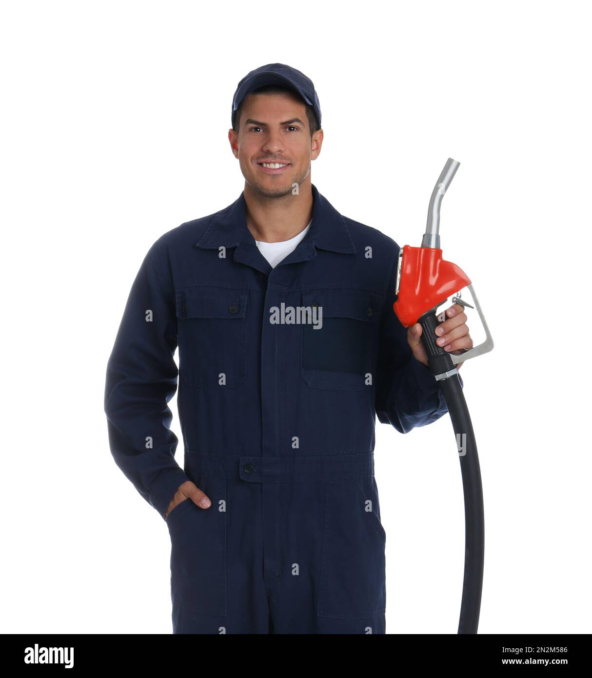Gas station worker with fuel nozzle on white background Stock Photo - Alamy