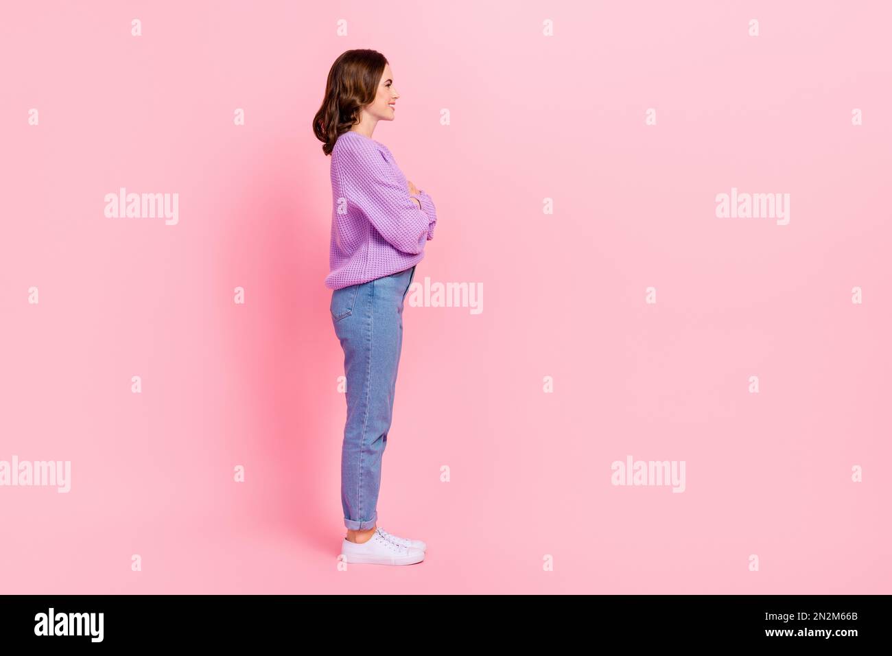Full length photo of cute confident lady wear violet sweater arms ...