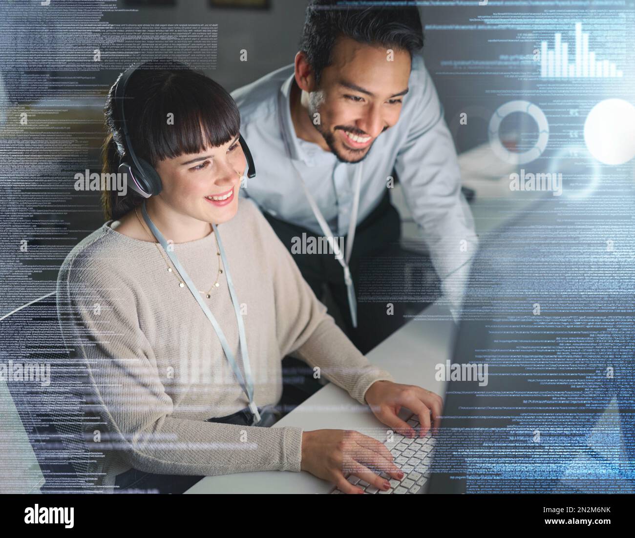 Woman, man and night by computer with overlay, smile and coaching for ...