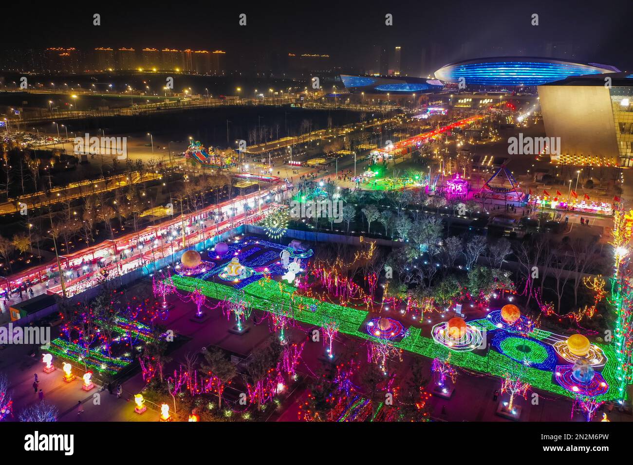 Aerial photo shows the night view of Zhengzhou Central Cultural ...