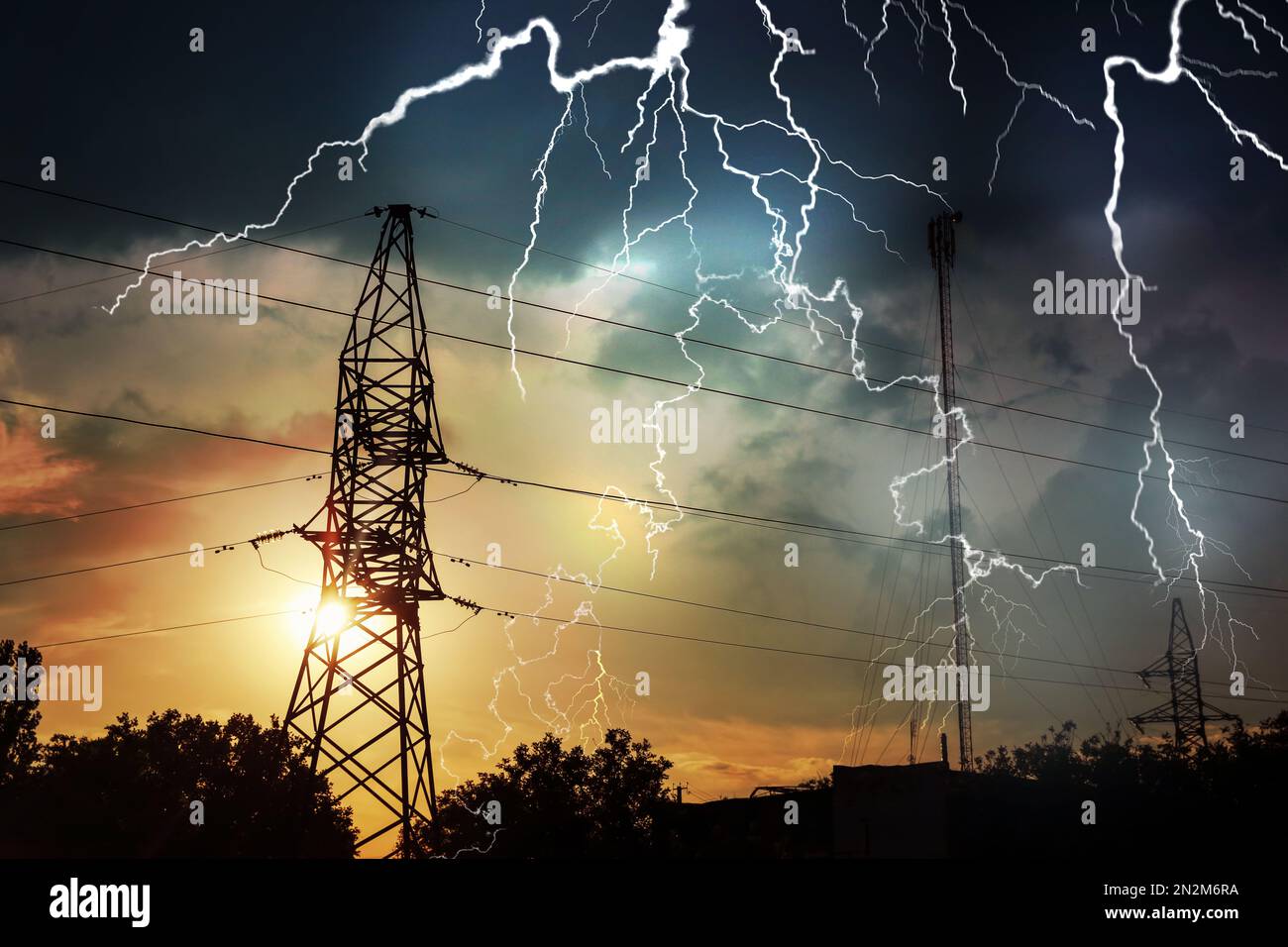Picturesque lightning storm over high voltage towers Stock Photo - Alamy