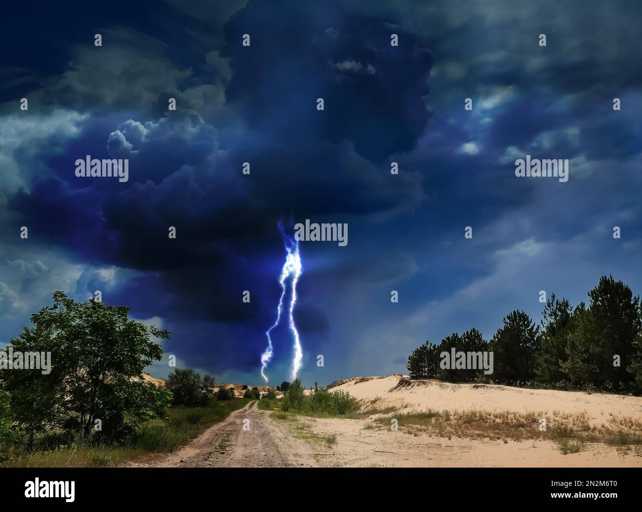 Picturesque thunderstorm in desert. Lightning striking from dark cloudy ...