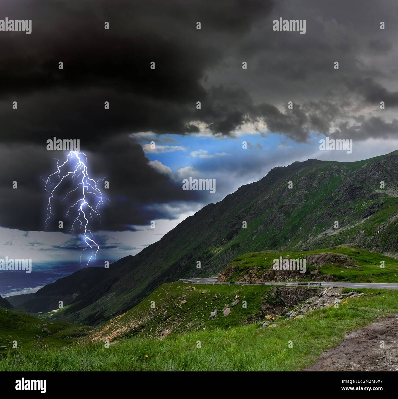 Dark cloudy sky with lightning striking ground. Thunderstorm in ...