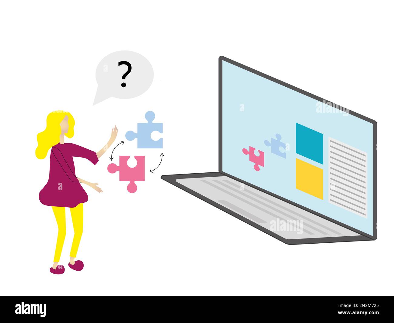 Puzzled woman searching answers online using laptop, illustration Stock ...