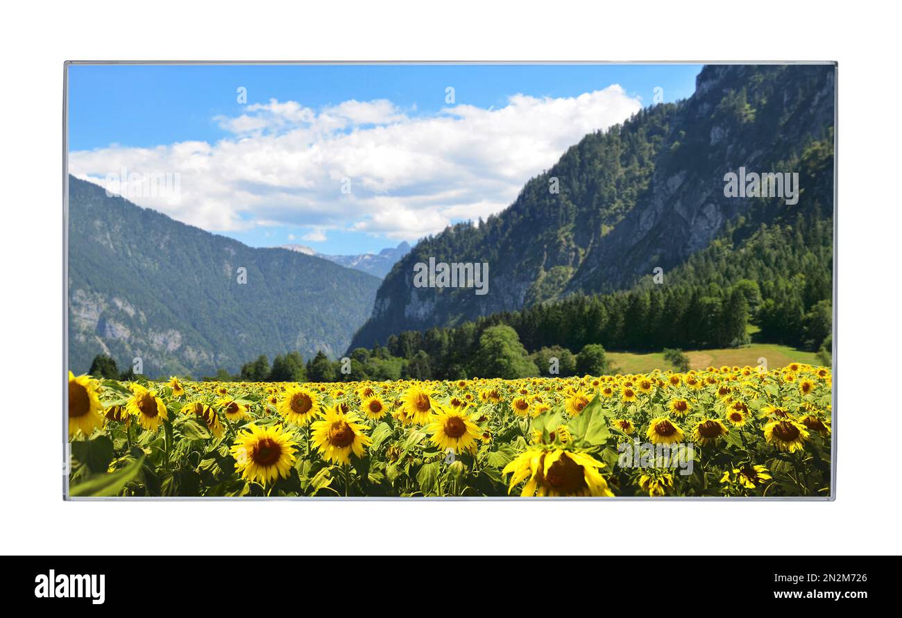 Modern wide screen TV monitor showing mountain landscape, isolated on ...
