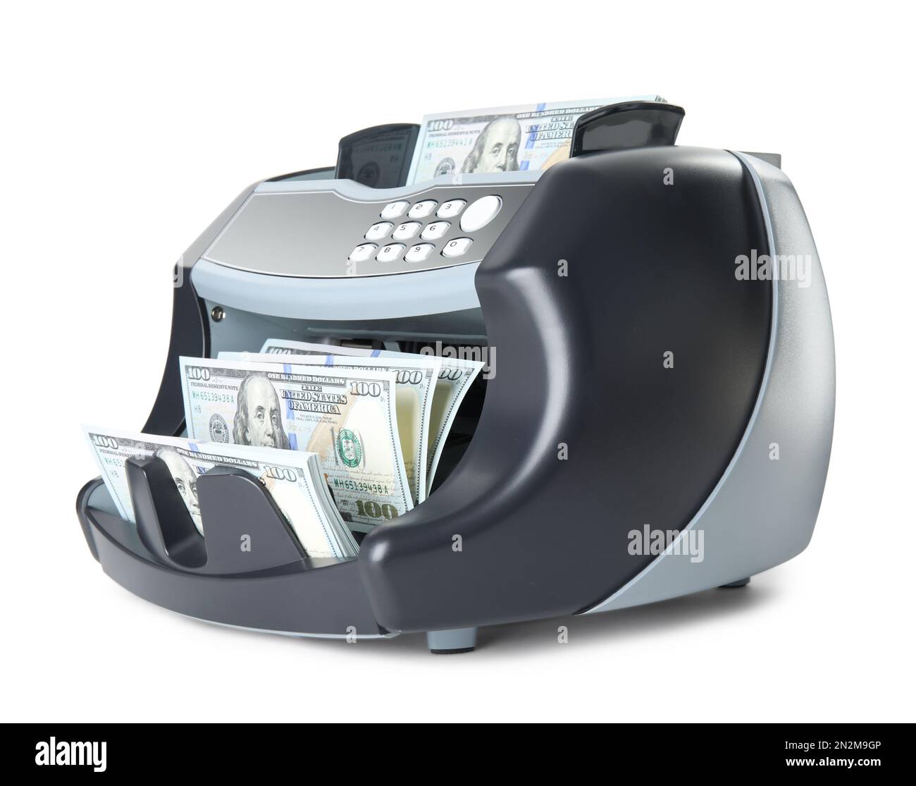Modern electronic bill counter with money isolated on white Stock Photo ...