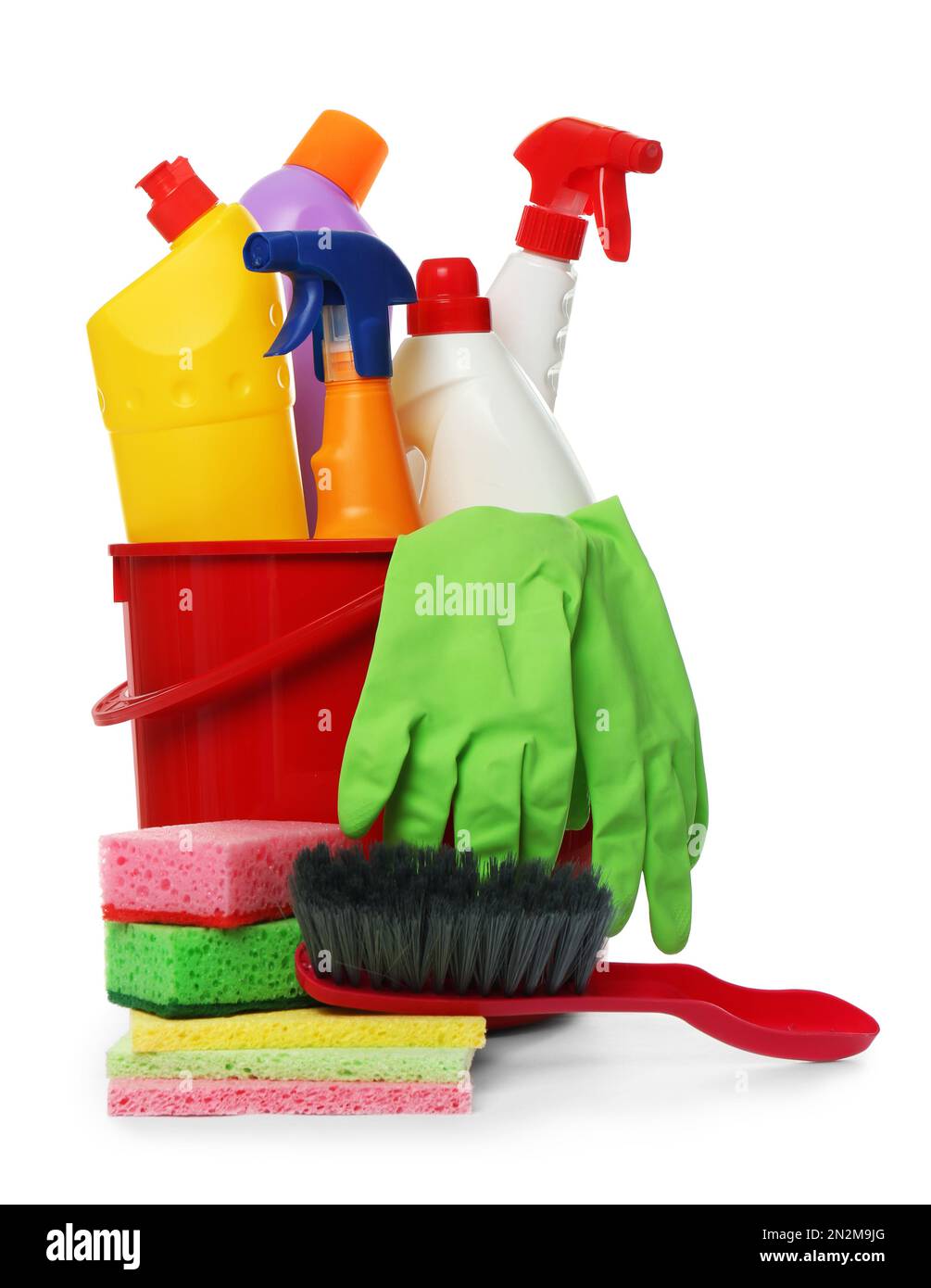 Bucket with different cleaning products and tools on white background ...