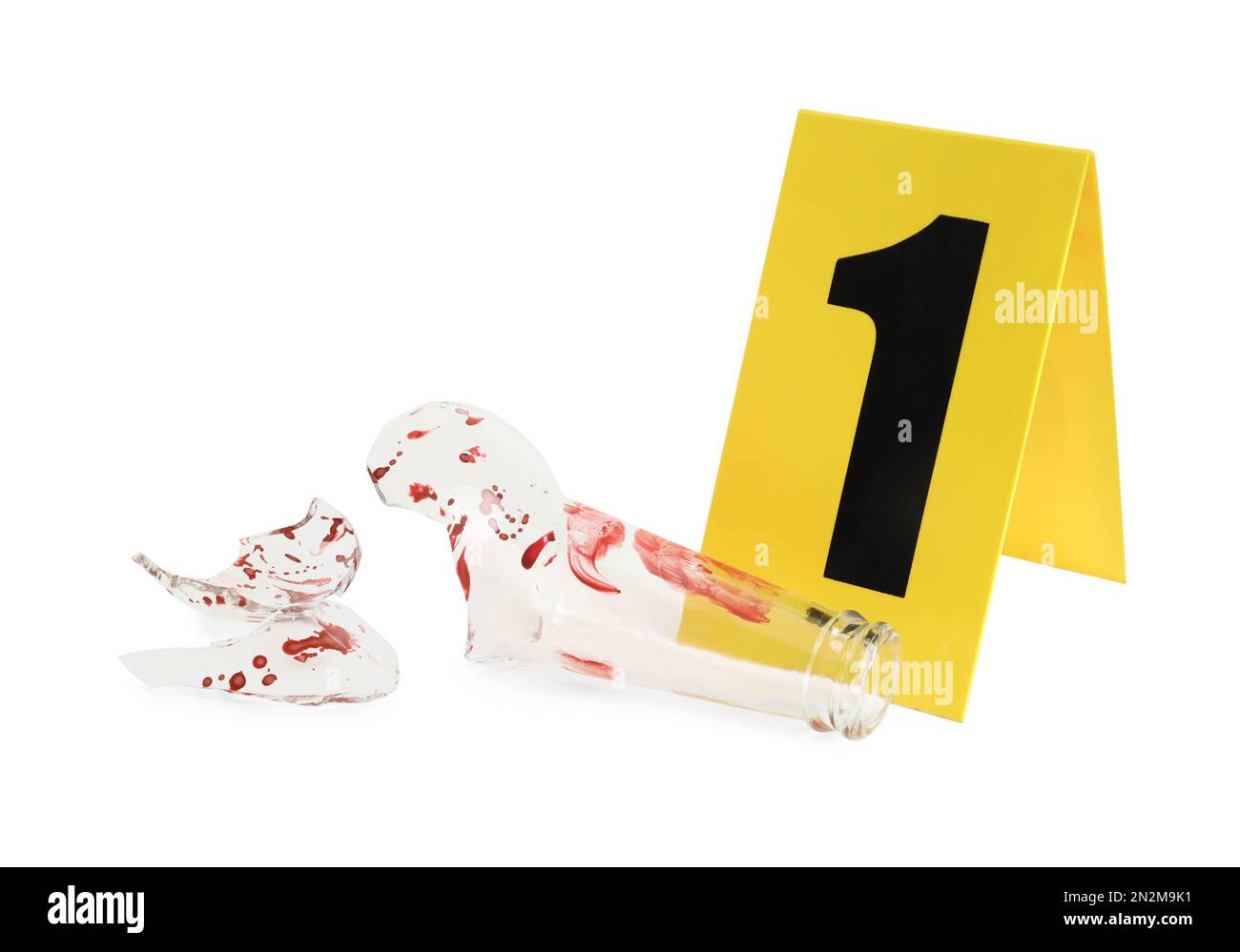 Bloody broken bottle and crime scene marker with number one isolated on ...