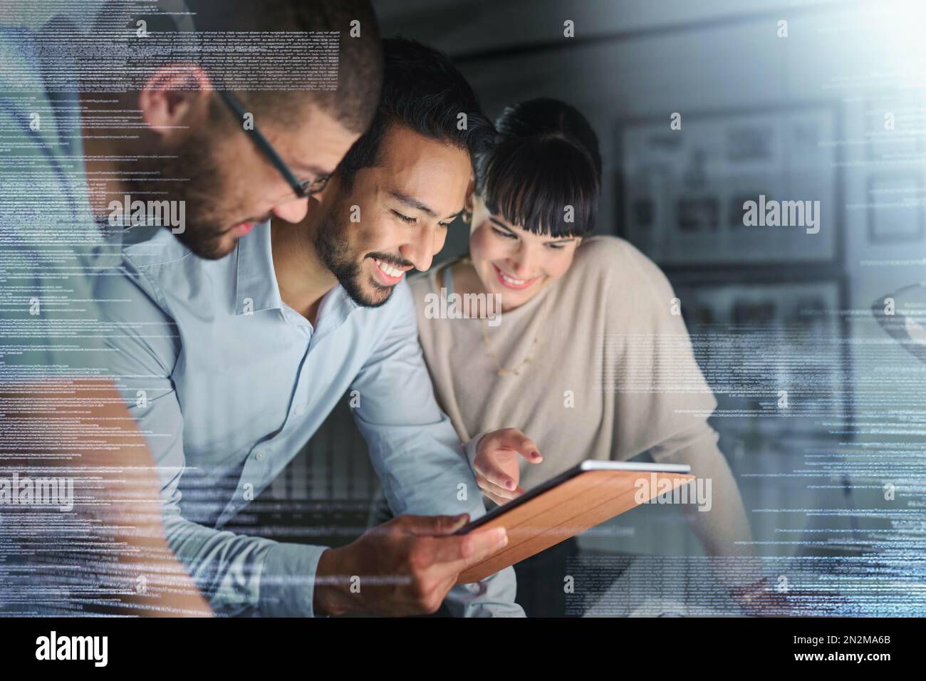 Business people, coding group and information technology with tablet ...