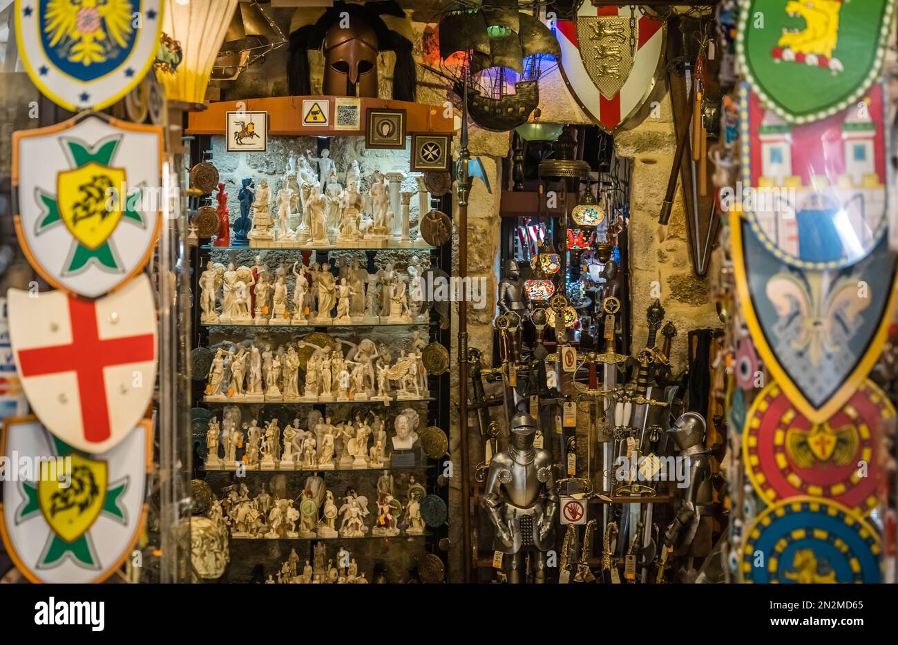 Rhodos, Greece - August 2022 : Row of metal shields and other artifacts ...