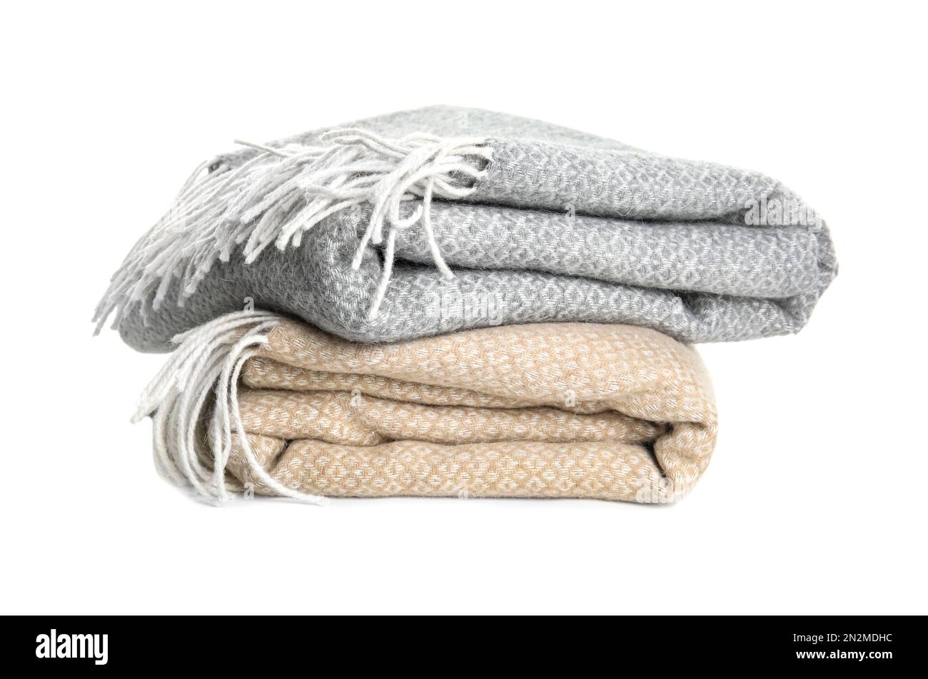 Different stylish soft plaids on white background Stock Photo - Alamy