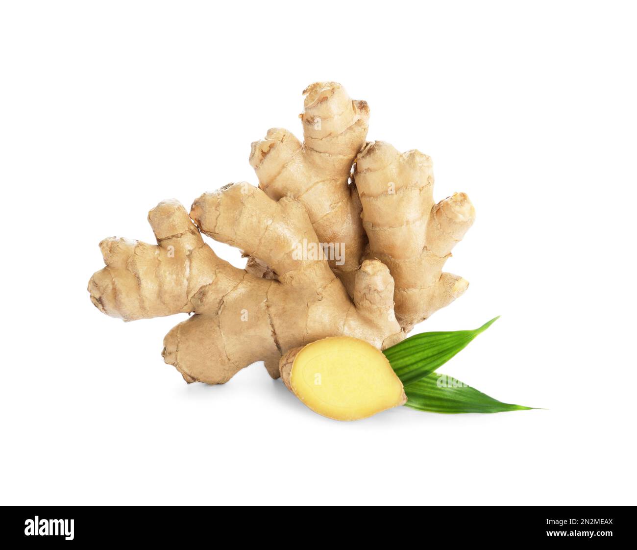 Whole and cut fresh ginger with leaves isolated on white Stock Photo ...