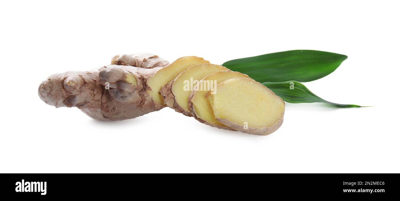 Cut fresh ginger and leaves isolated on white Stock Photo - Alamy